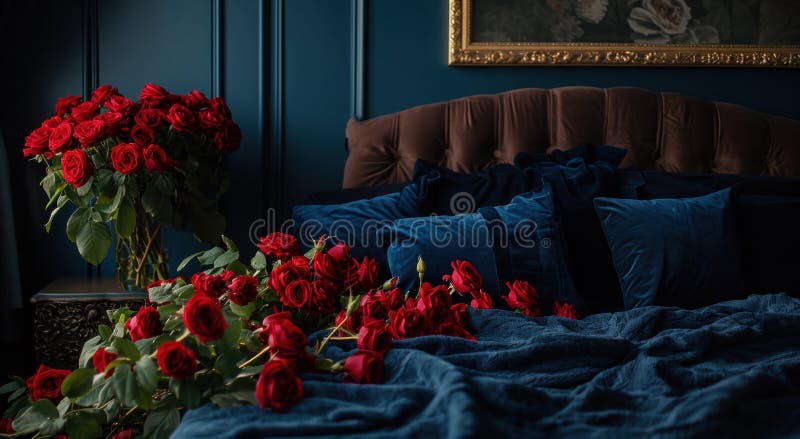 Romantic Bedroom with Fresh Roses by a Bed Stock Image - Image of ...