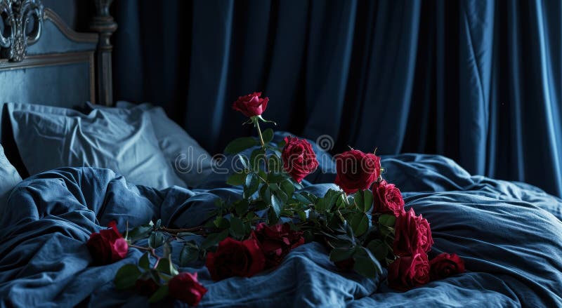 Romantic Bedroom with Fresh Roses by a Bed Stock Image - Image of ...