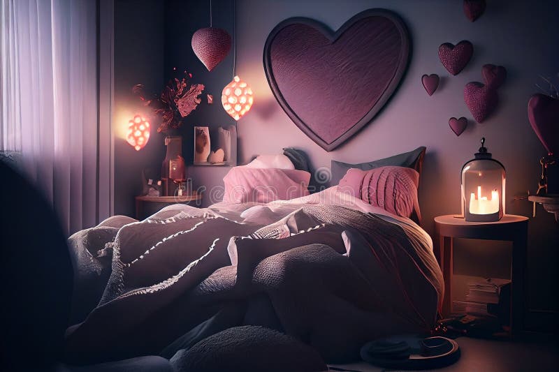 Romantic Bedroom Interior with Pink Bed and Red Heart.generative Ai ...