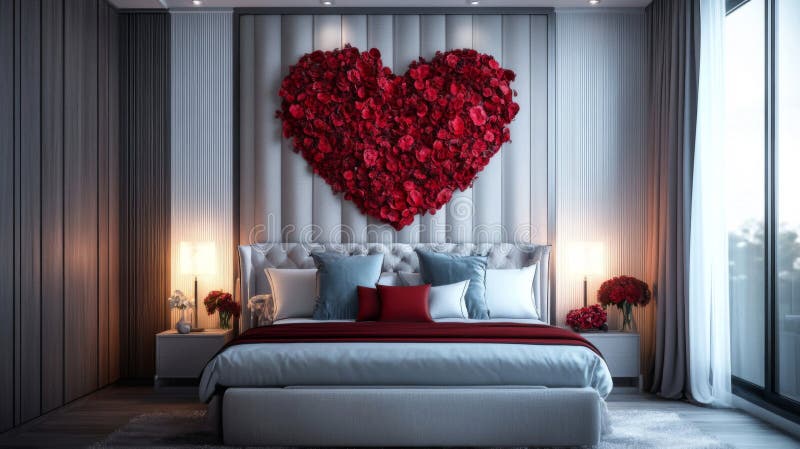 Romantic Bedroom Interior with a Red Rose Heart on the Wall Stock ...