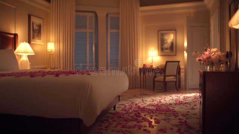 Romantic Bedroom Interior with Rose Petals on Bed and Floor in Warm ...