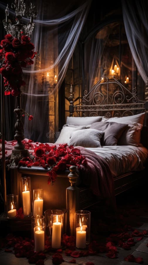 Romantic Bedroom with Red Roses, Candles and Bed. Romantic Evening ...