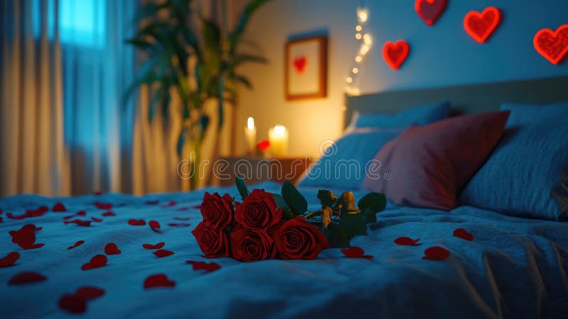 Romantic Bedroom with Red Roses and Heart Decorations on Bed Stock ...