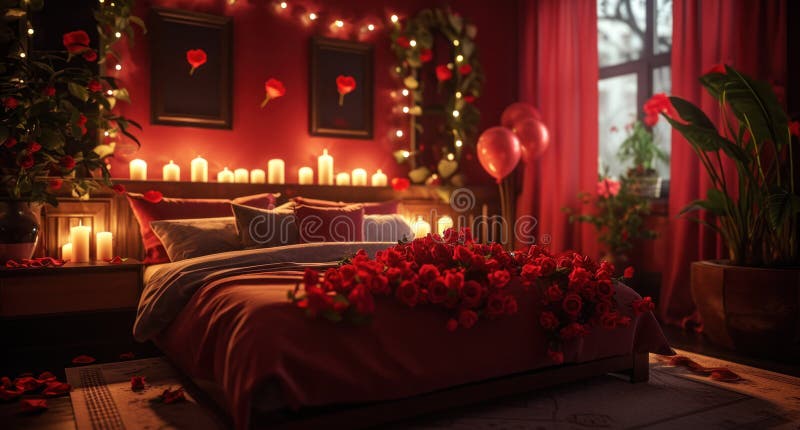 Romantic Romantic Bedroom with Roses in it, Candles, and Balloons Stock ...