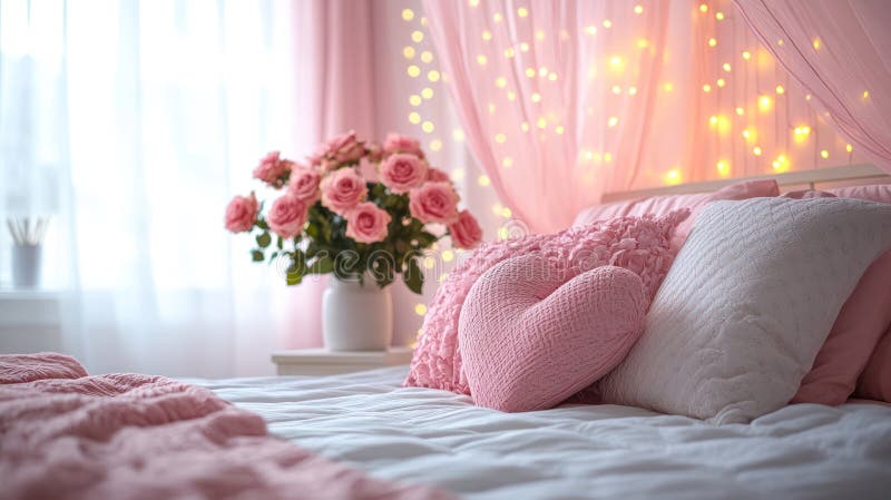 Romantic Bedroom Setting with Pink Decor, Soft Pillows, and Roses Stock ...