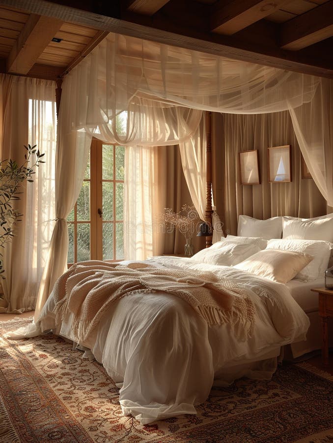 Romantic Bedroom with Soft Lighting Sheer Curtains Stock Photo - Image ...