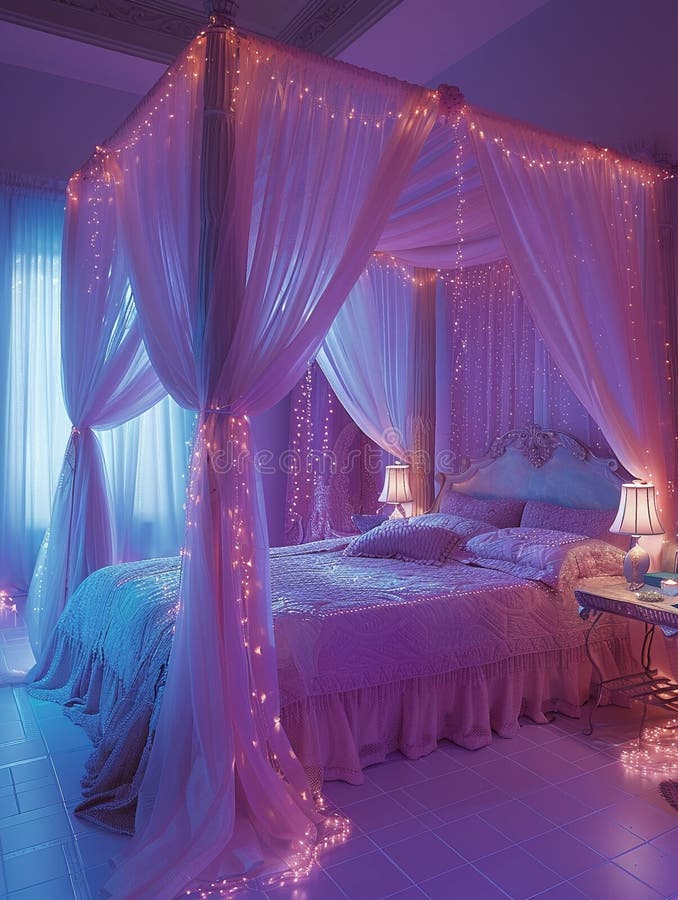 Romantic Bedroom with Soft Lighting Sheer Curtains Stock Image - Image ...