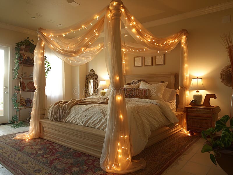 Romantic Bedroom with Soft Lighting Sheer Curtains Stock Photo - Image ...