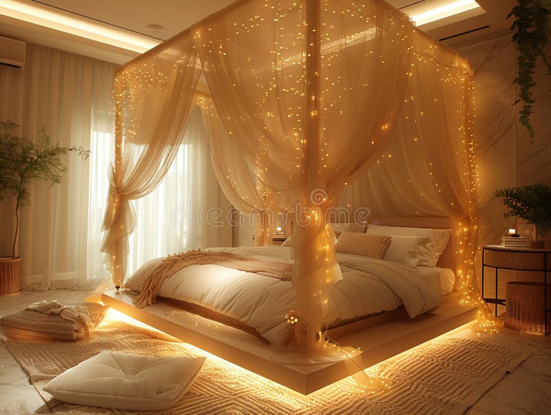Romantic Bedroom with Soft Lighting Sheer Curtains Stock Photo - Image ...