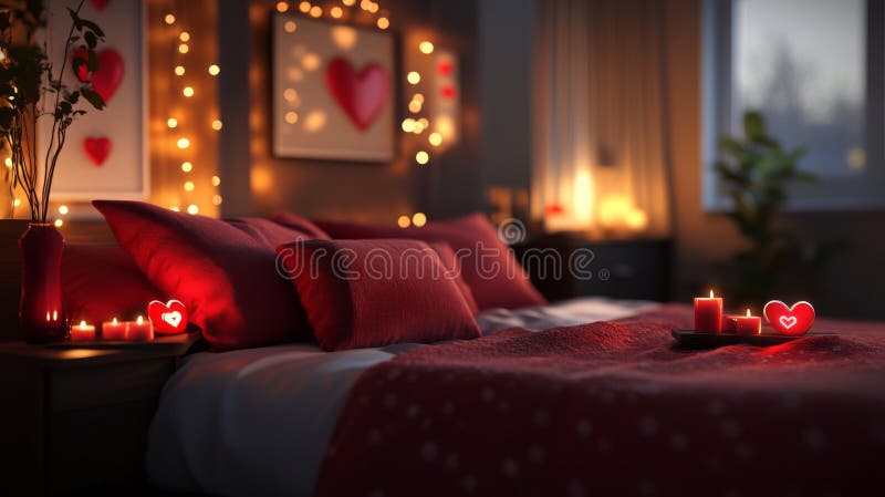 Romantic Bedside Setup with Candles and Hearts Stock Illustration ...