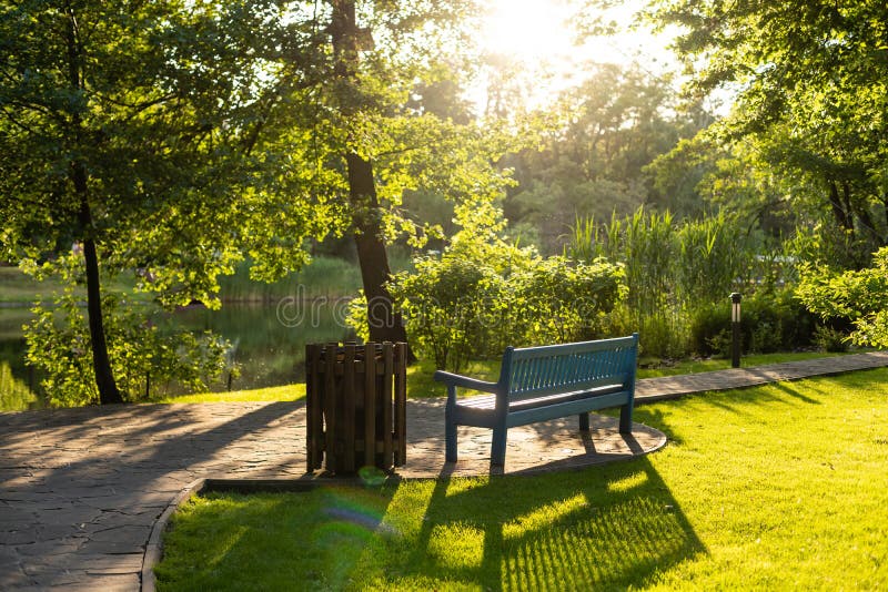 Romantic Bench in Peaceful Park in Spring Stock Photo - Image of wood ...