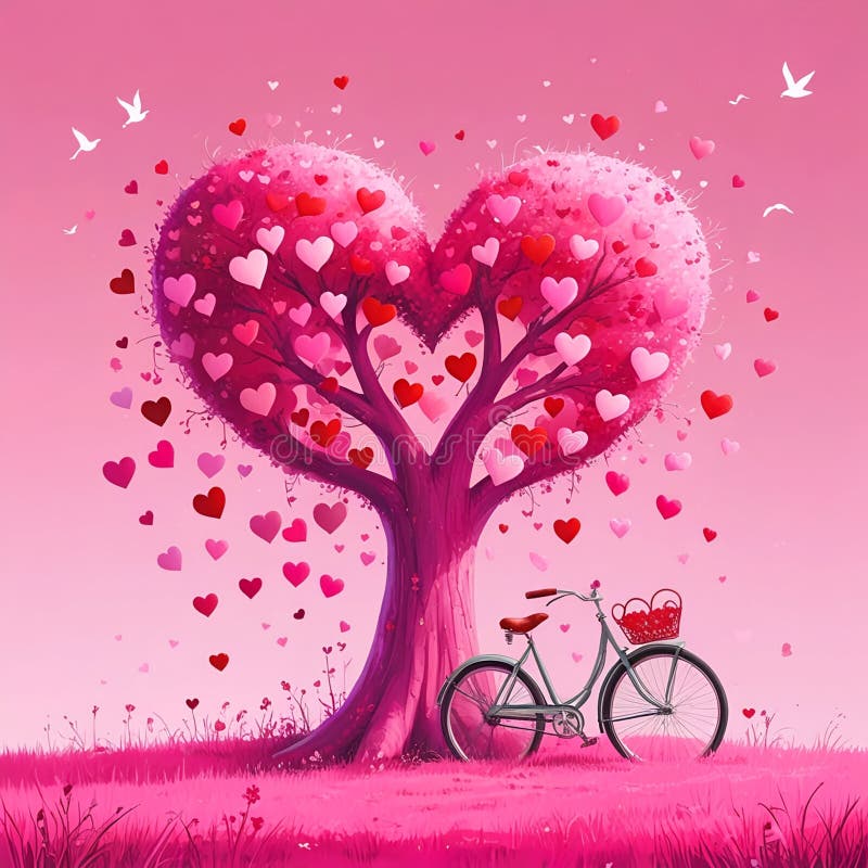 Romantic Bicycle Under a Heart-Shaped Tree in a Pink Fantasy Landscape ...