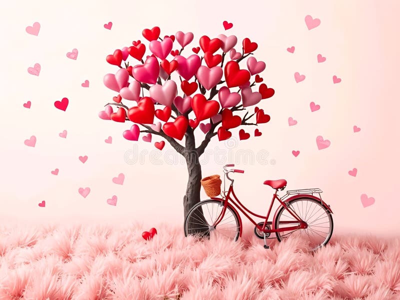 Romantic Bicycle Under a Heart-Shaped Tree in a Pink Fantasy Landscape ...