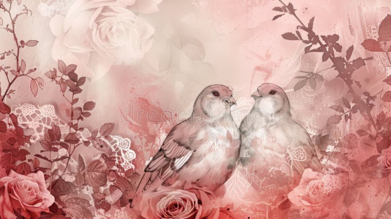 Romantic Birds and Roses on Vintage Lace Background Stock Photo - Image ...
