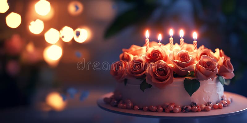 Romantic Birthday Cake with Candles and Lights Stock Illustration ...