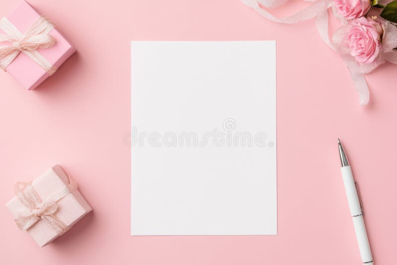 Romantic Blank Card with Gift Box and Roses on Pink Background for ...