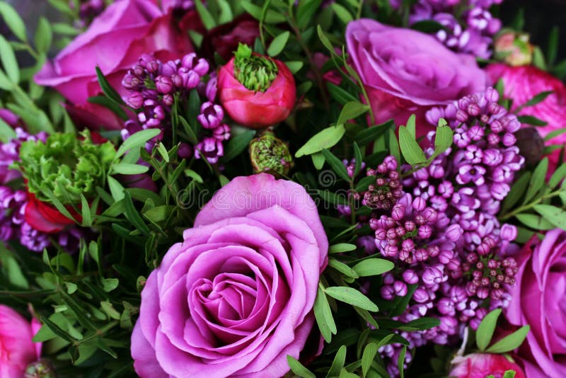 Romantic Bouquet with Purple Roses Stock Photo - Image of gift ...