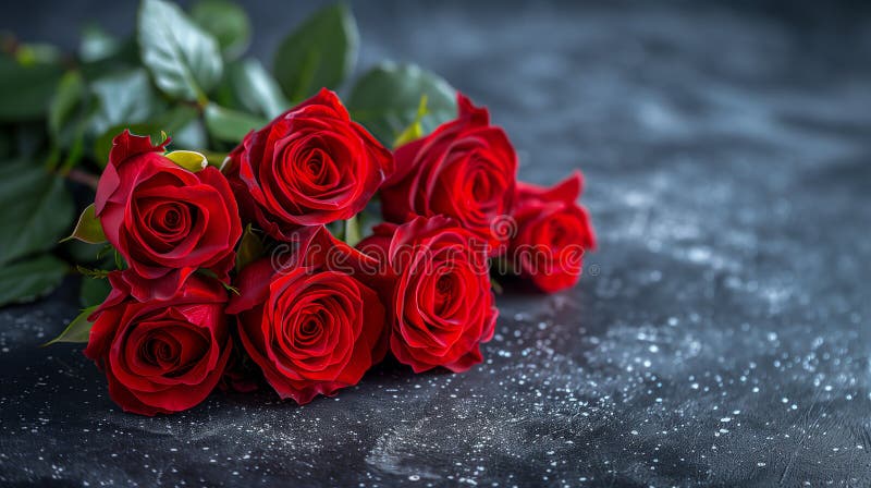 Romantic Bouquet of Red Roses on Dark Moody Surface Stock Illustration ...
