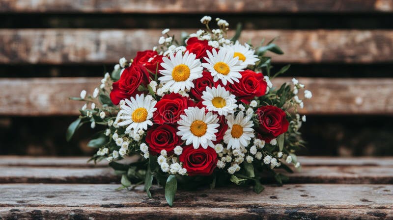 Romantic Bouquet of Red Roses and White Daisies on Rustic Wooden Bench ...