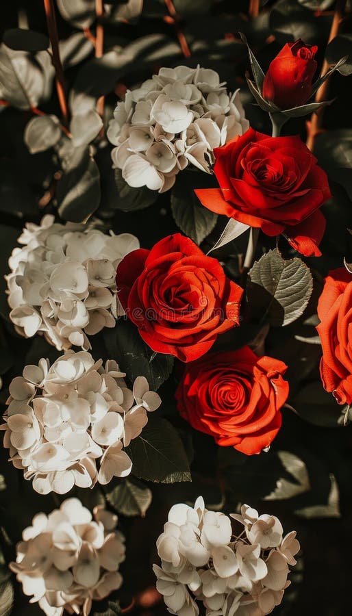 Romantic Bouquet Vibrant Red Roses and Elegant White Hydrangeas Bathed ...