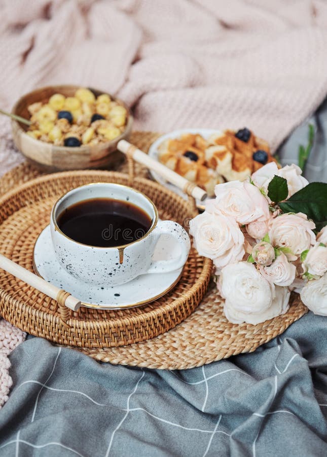 Romantic breakfast in bed stock photo. Image of relaxation - 241910398