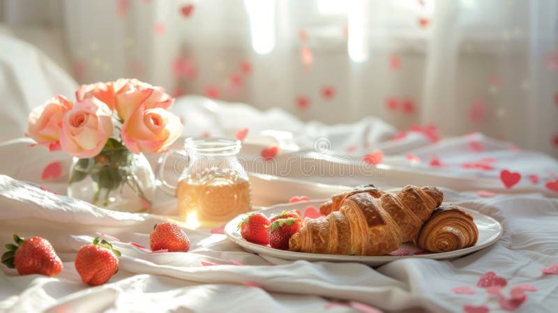 Romantic Breakfast in Bed, Fragrant Roses, Fresh Croissants and Honey ...