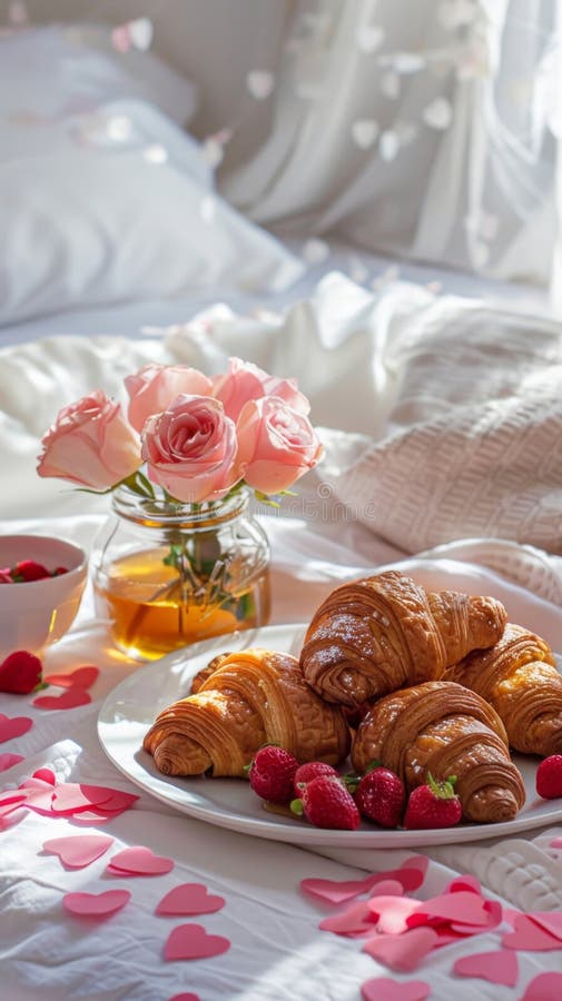Romantic Breakfast in Bed, Fragrant Roses, Fresh Croissants and Honey ...