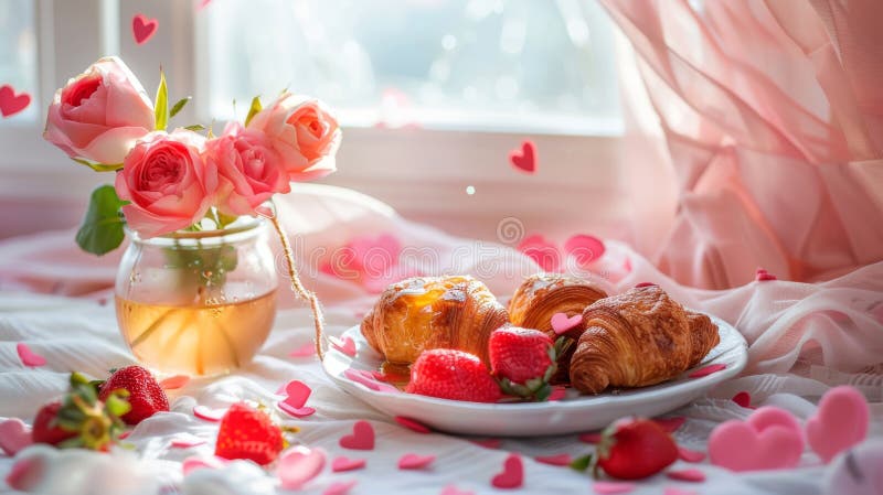 Romantic Breakfast in Bed, Fragrant Roses, Fresh Croissants and Honey ...