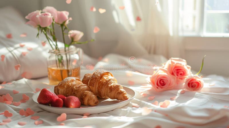 Romantic Breakfast in Bed, Fragrant Roses, Fresh Croissants and Honey ...