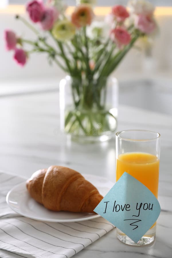 Romantic Breakfast with Note Saying I Love You on Table Stock Image ...