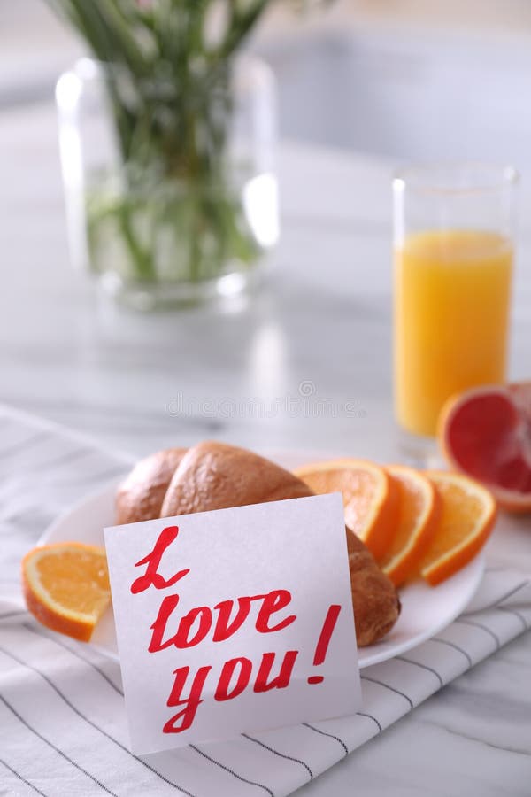 Romantic Breakfast with Note Saying I Love You on Table Stock Image ...