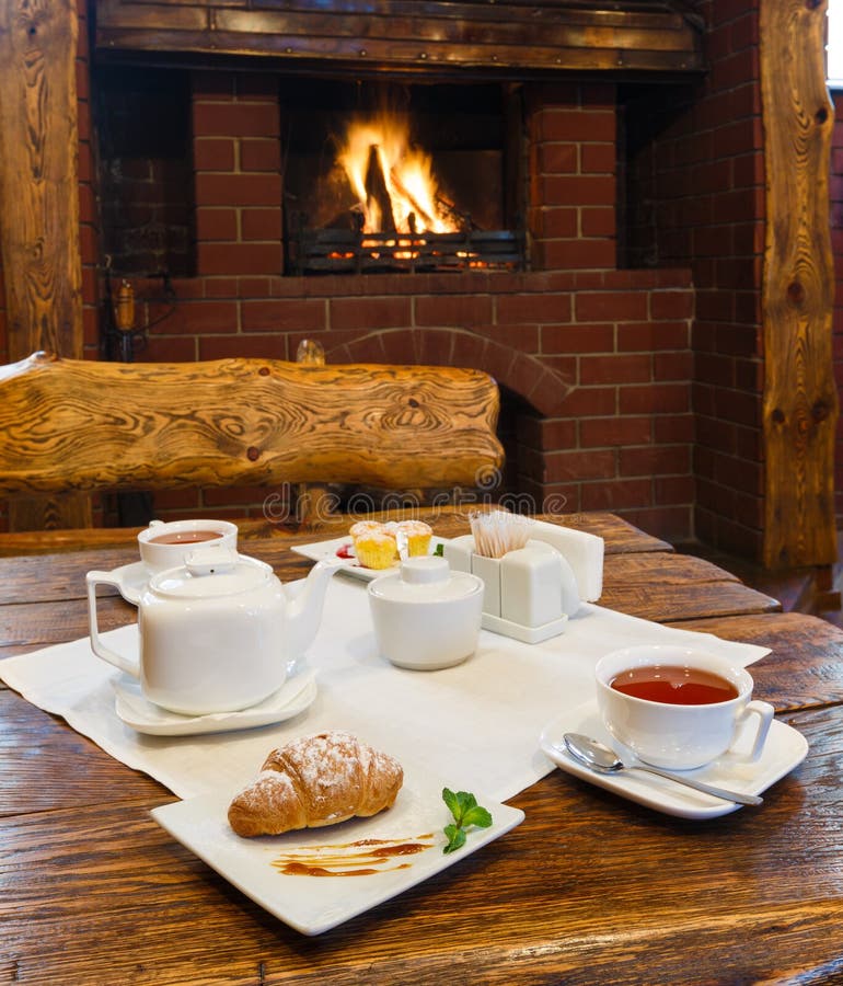 Romantic Breakfast for Two Near Fireplace Stock Image - Image of ...