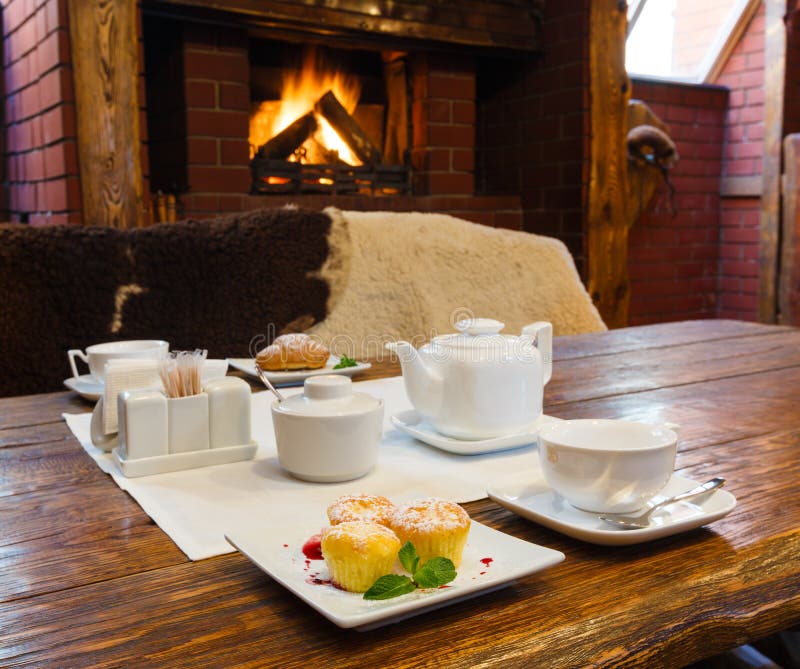 Romantic Breakfast for Two Near Fireplace Stock Image - Image of ...