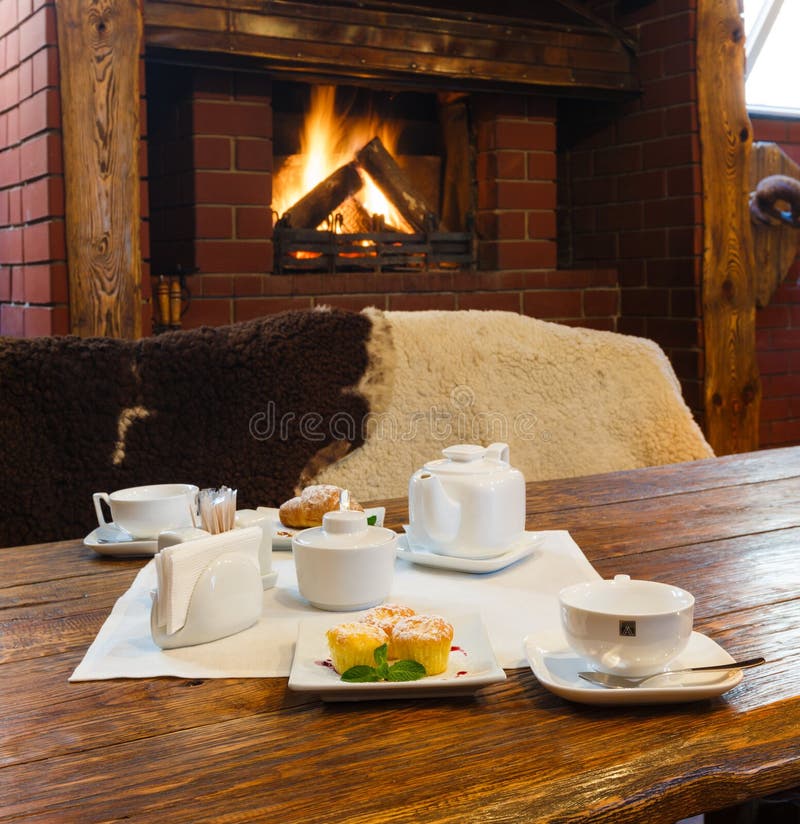 Romantic Breakfast for Two Near Fireplace Stock Photo - Image of ...