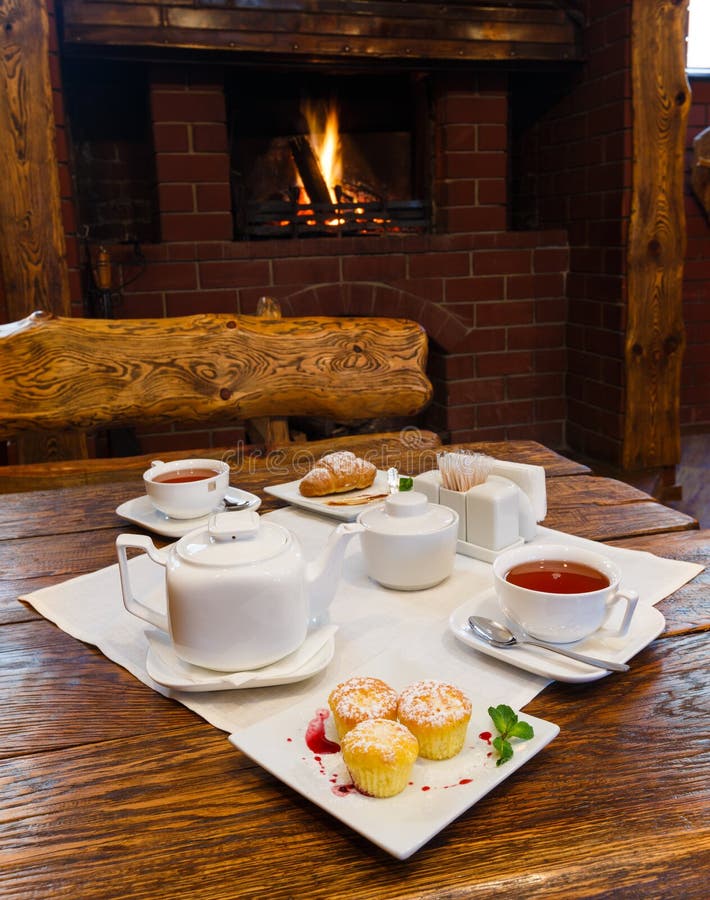 Romantic Breakfast for Two Near Fireplace Stock Photo - Image of dinner ...