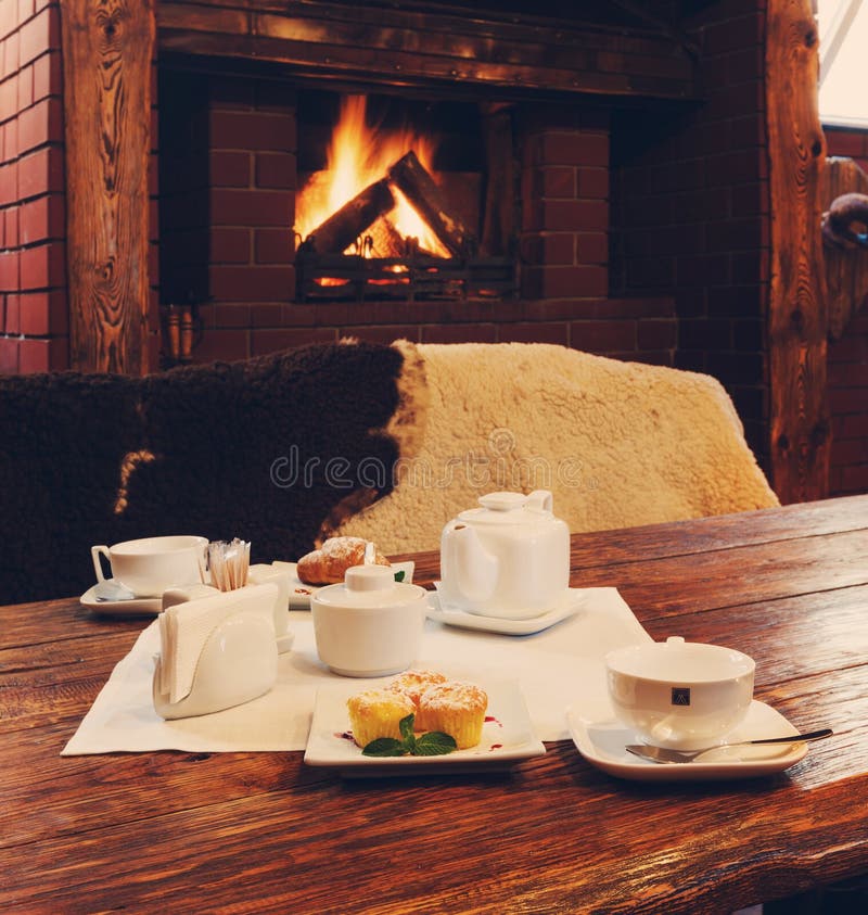 Romantic Breakfast for Two Near Fireplace Stock Photo - Image of ...