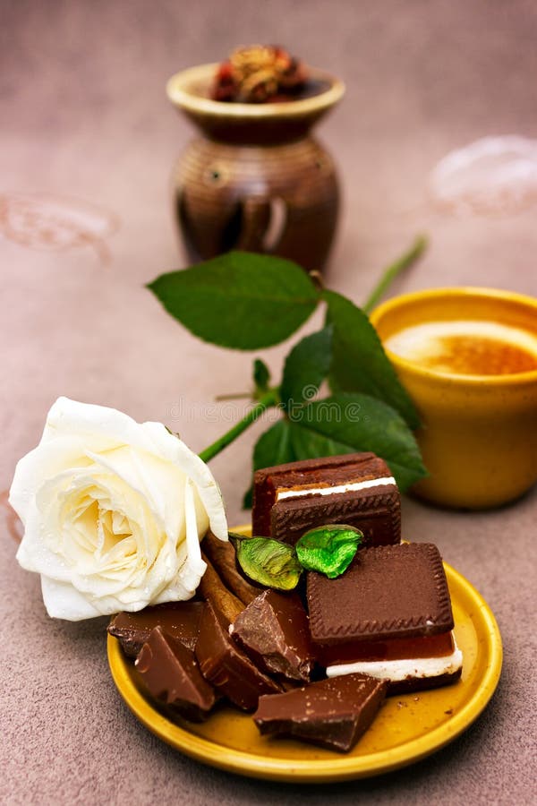 Romantic Breakfast with White Rose and Chocolate Stock Image - Image of ...