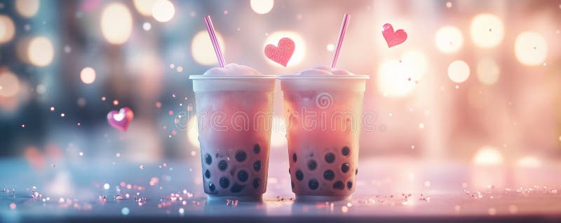 Romantic Bubble Tea with Two Colorful Cups Adorned with Hearts in a ...