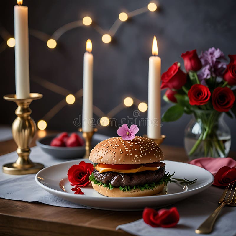 Romantic Burger Dinner for Two Stock Illustration - Illustration of ...