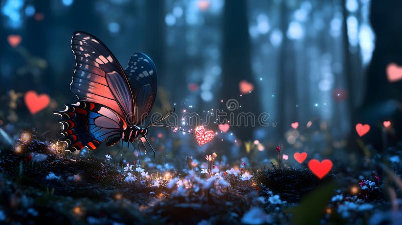 Romantic Butterfly Surrounded by Sparkling Hearts in Magical Forest ...