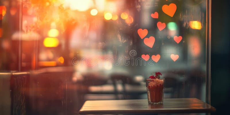 Romantic Cafe Scene with Heart Decorations on Glass and a Drink on ...