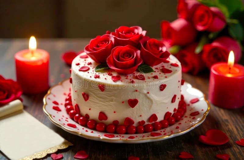 A Romantic Cake Topped with Red Roses and Surrounded by Candles Set for ...