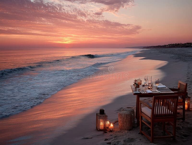 A Romantic Candlelight Dinner Set Up on the Beach Stock Photo - Image of sand, sunset: 381563424
