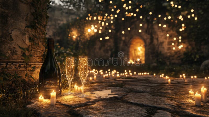 Romantic Candlelight Pathway with Champagne and Glasses in Stone Garden ...