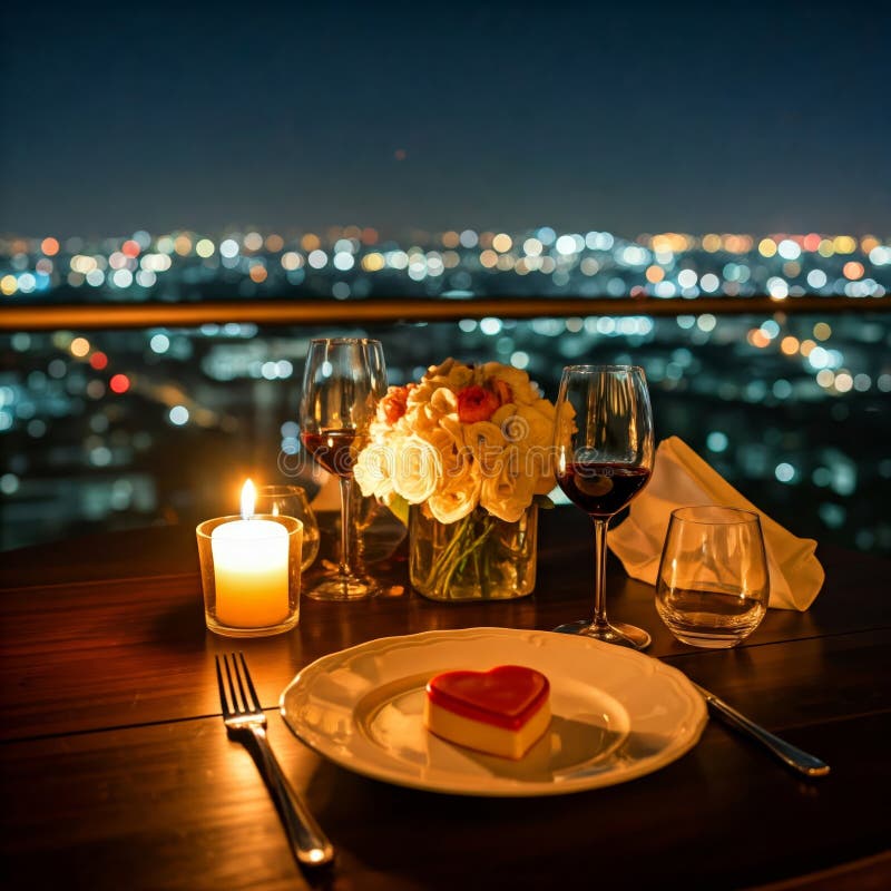 Romantic Candlelit Dinner with Heart Dessert Overlooking Cityscape at ...