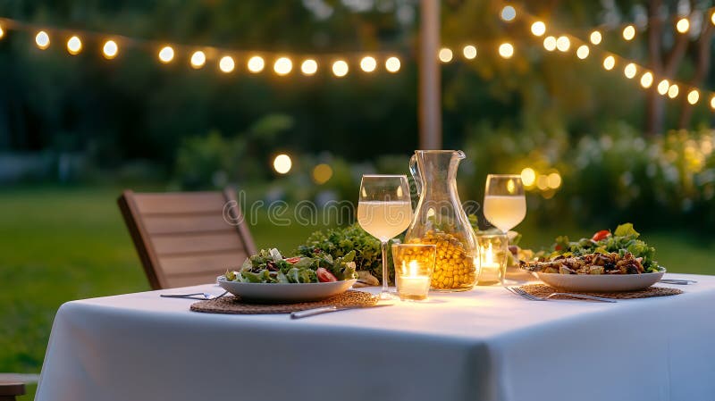 A Romantic Candlelit Dinner Set in a Serene Garden, with Elegant Table ...