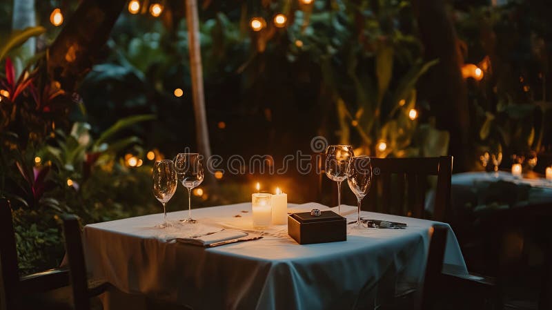 A Romantic Candlelit Dinner Setup in an Outdoor Garden with a Ring Box ...