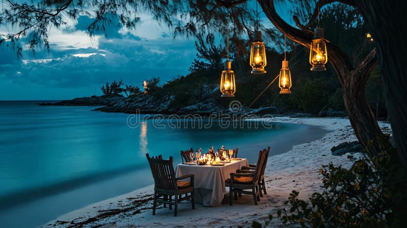 A Romantic Candlelit Dinner Table Set Up on a Quiet Stretch of Beach ...