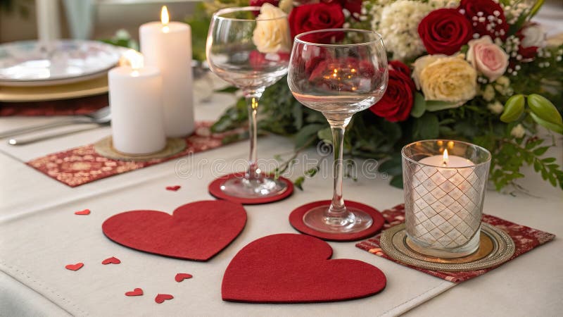 Romantic Candlelit Dinner Table Setting with Red Roses and Heart ...