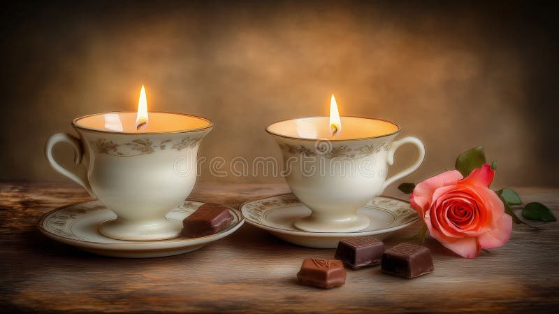 Romantic Candlelit Tea Cups with Rose and Chocolate Stock Illustration ...